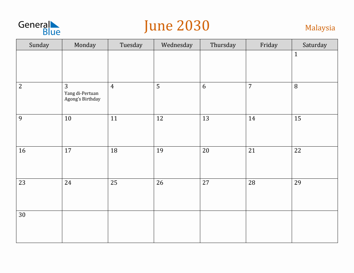 Free June 2030 Malaysia Calendar