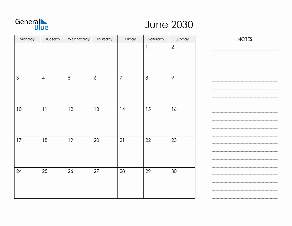 Printable Monthly Calendar with Notes - June 2030 - Monday Start
