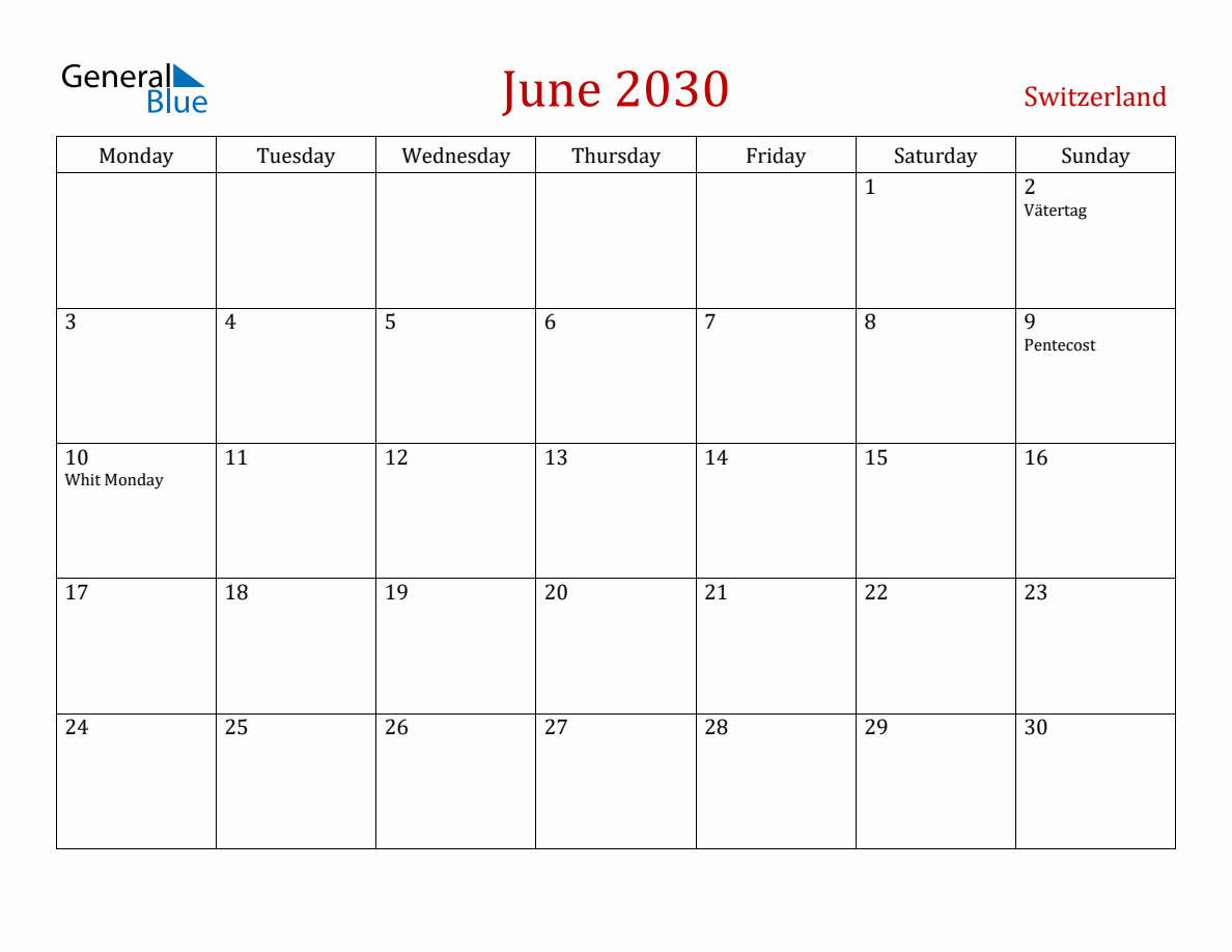 June 2030 Switzerland Monthly Calendar with Holidays