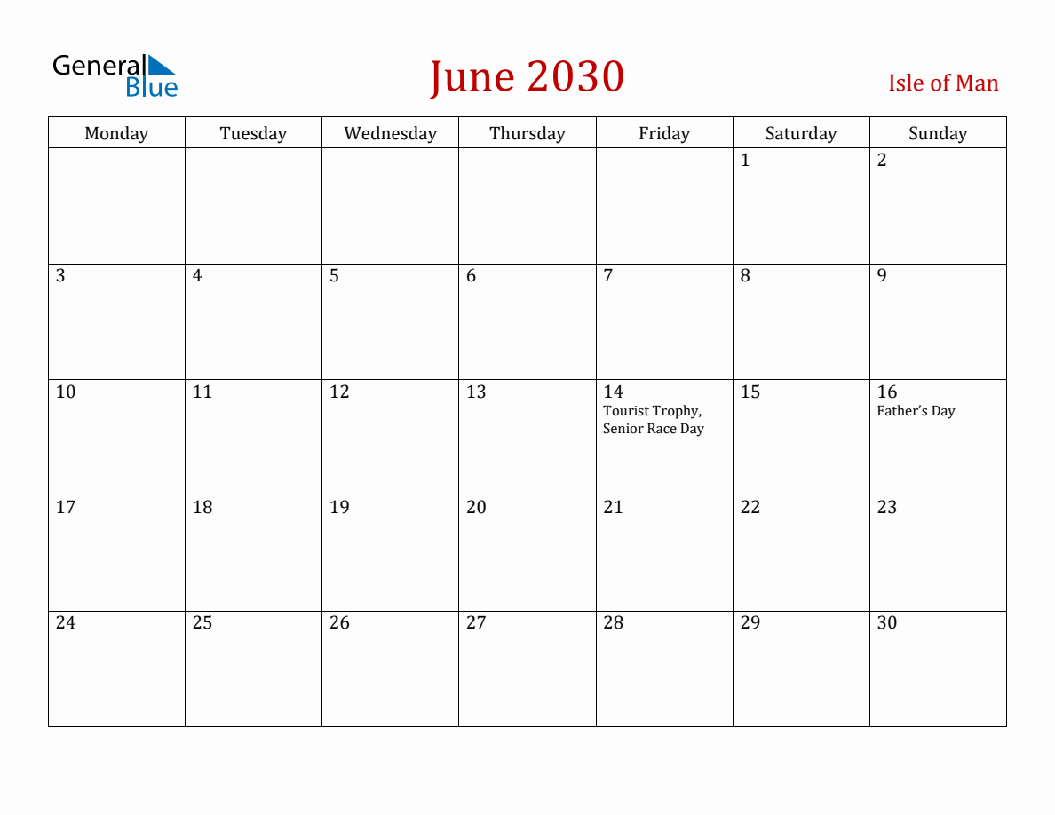 June 2030 Isle of Man Monthly Calendar with Holidays