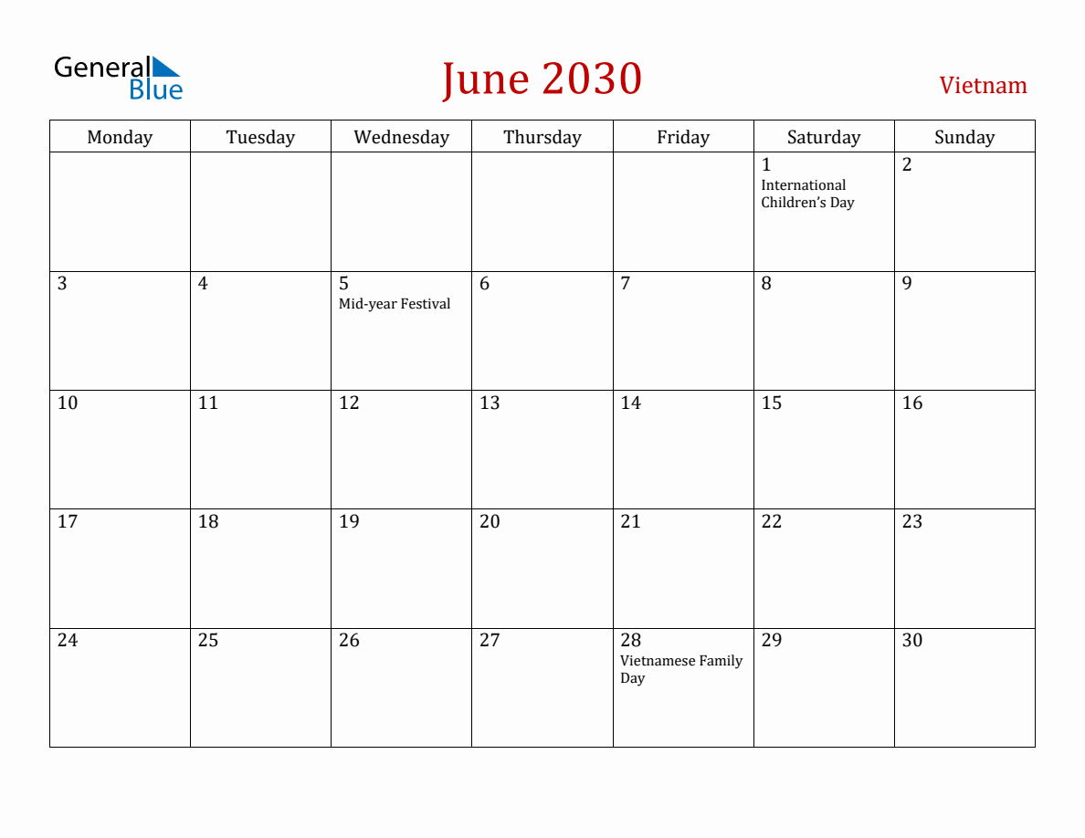 June 2030 Vietnam Monthly Calendar with Holidays
