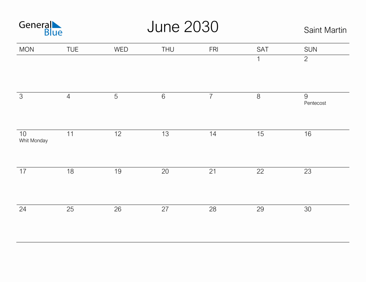 Printable June 2030 Monthly Calendar with Holidays for Saint Martin ...