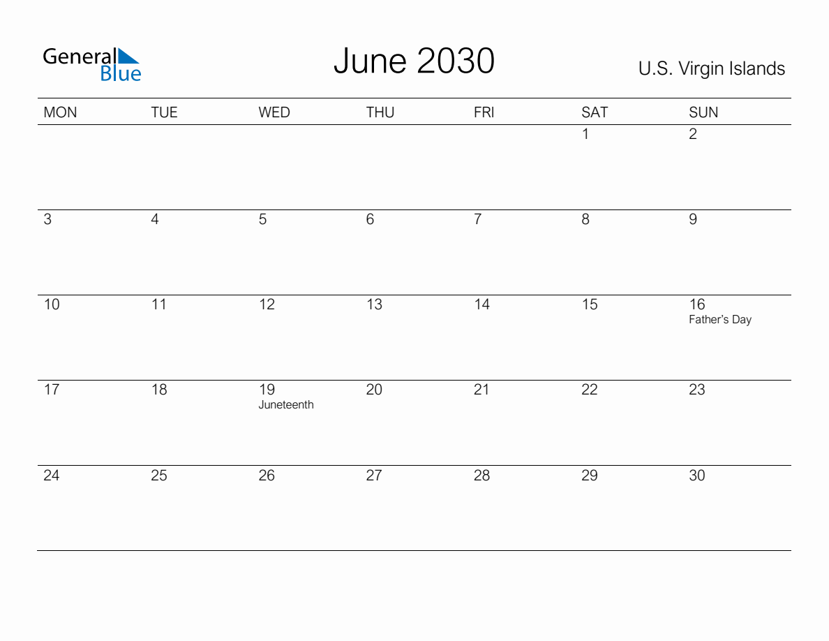 Printable June 2030 Monthly Calendar with Holidays for U.S. Virgin ...