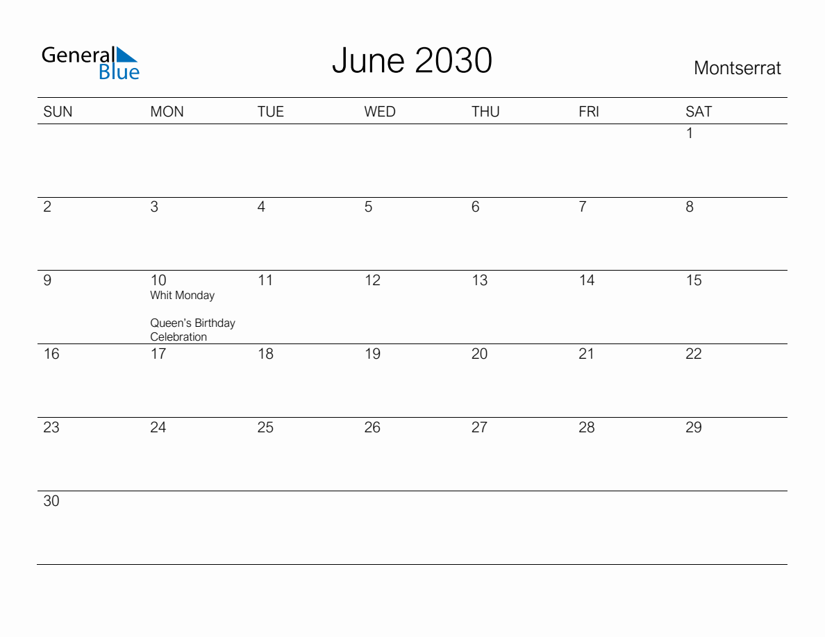 Printable June 2030 Monthly Calendar with Holidays for Montserrat