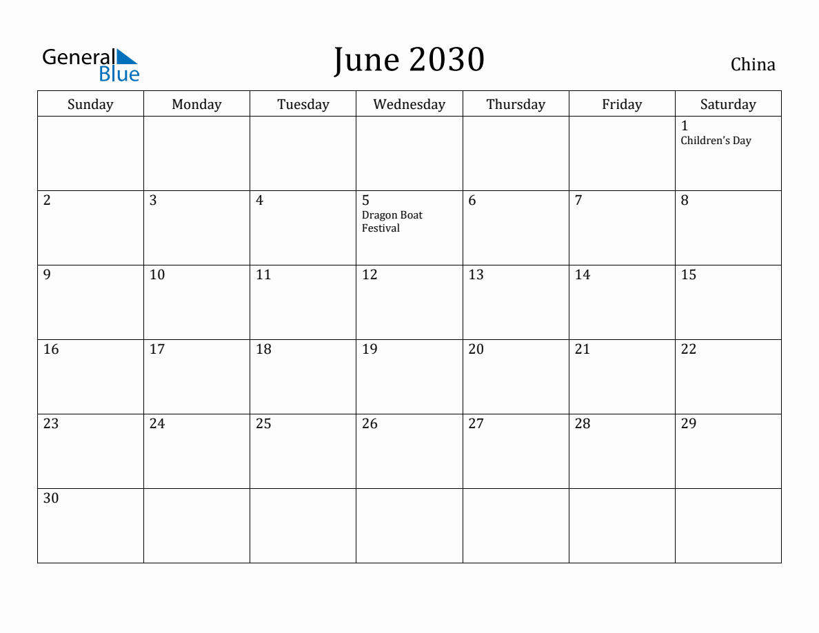 June 2030 Monthly Calendar with China Holidays
