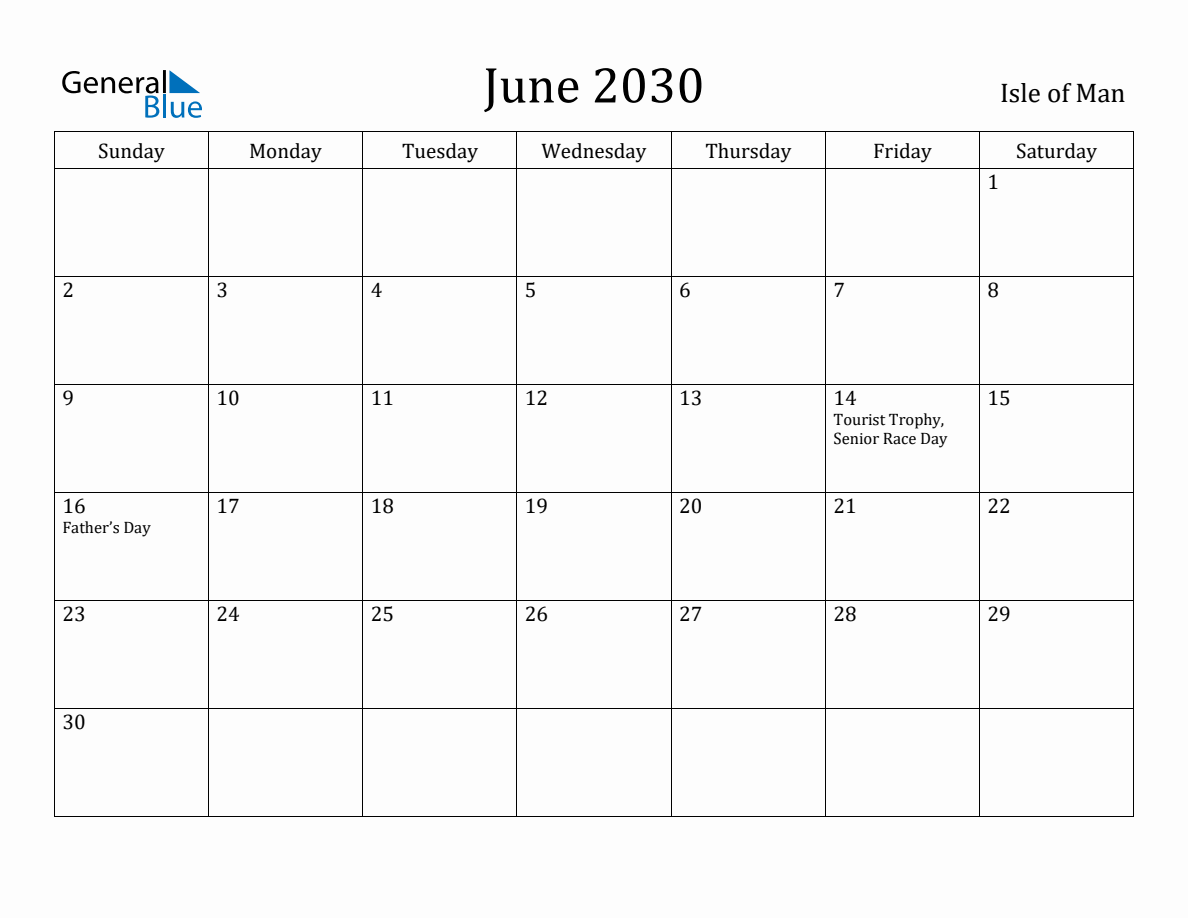 June 2030 Monthly Calendar with Isle of Man Holidays