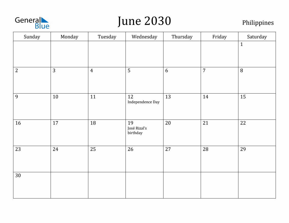 June 2030 Monthly Calendar with Philippines Holidays