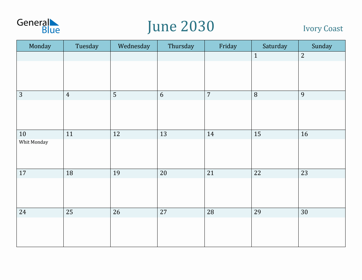 Ivory Coast Holiday Calendar for June 2030 (Monday Start)
