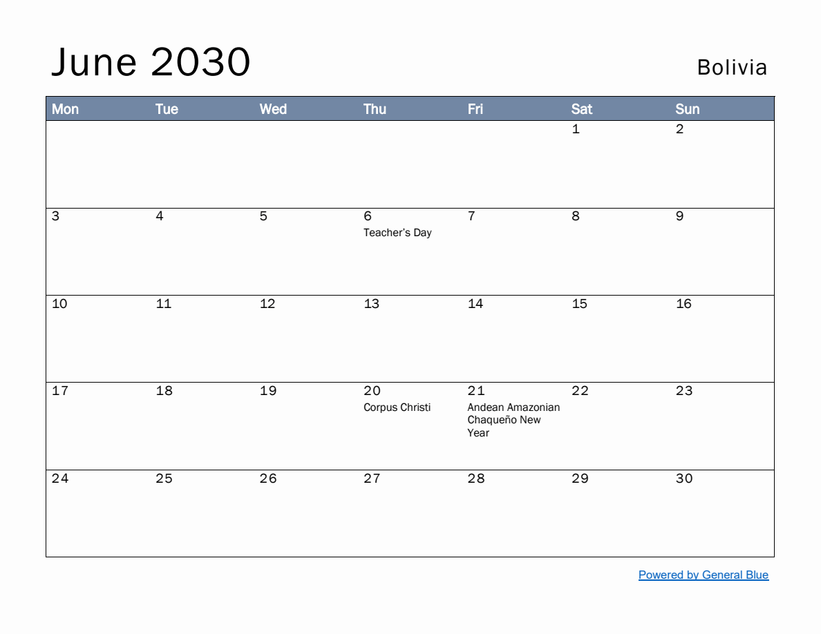 Free Monthly Calendar Template for June 2030 with Bolivia Holidays ...