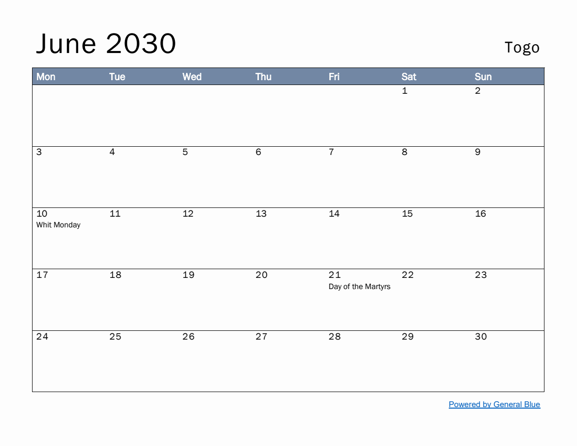 Free Monthly Calendar Template for June 2030 with Togo Holidays (Monday ...