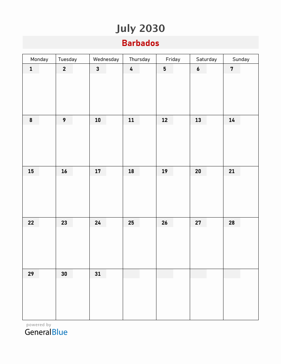 Barbados July 2030 Calendar with Holidays (Monday Start)