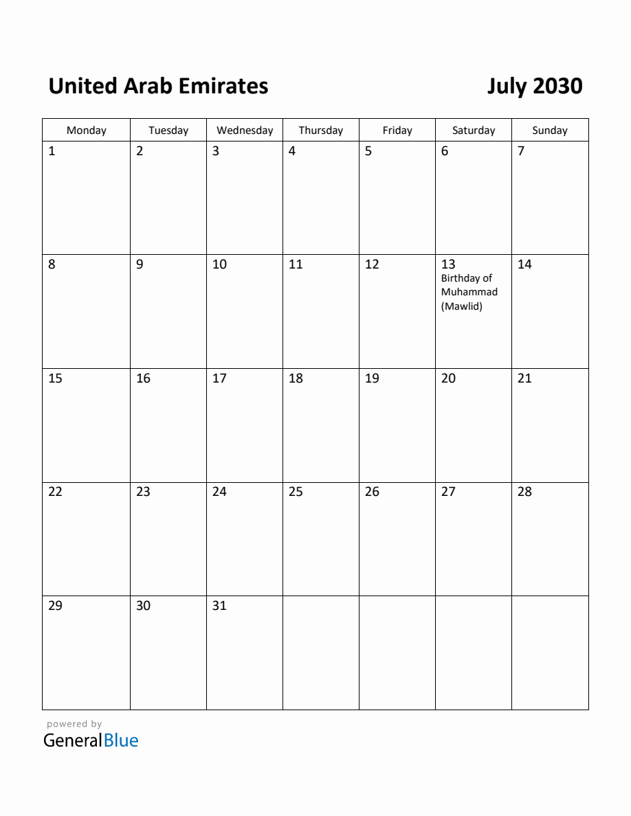 Free Printable July 2030 Calendar for United Arab Emirates