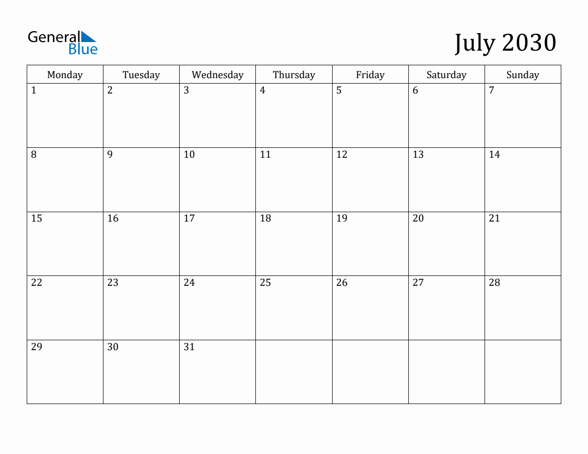 July 2030 Monday Start Calendar (PDF, Excel, Word)