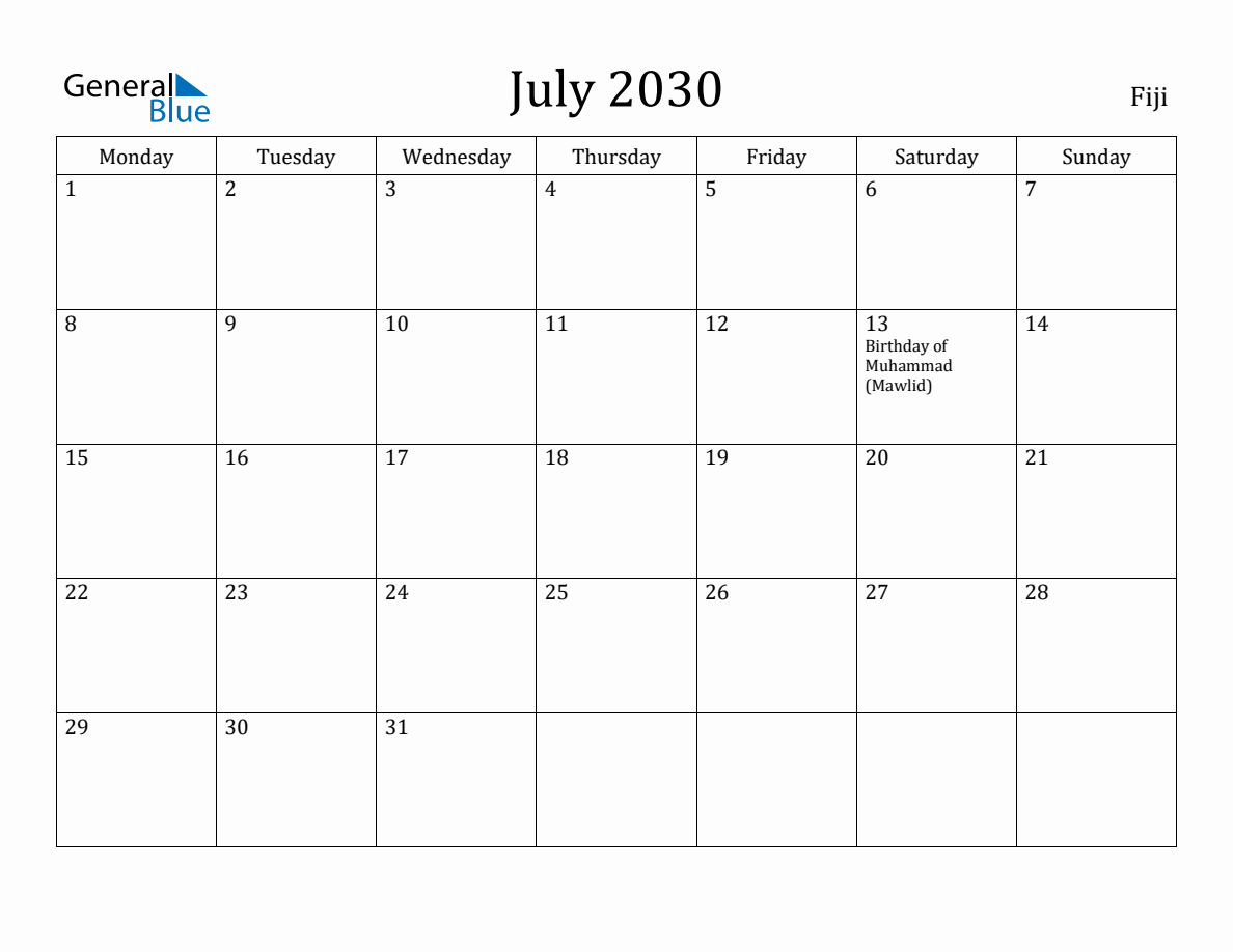 Fiji Monthly Calendar - July 2030 (Monday Start)