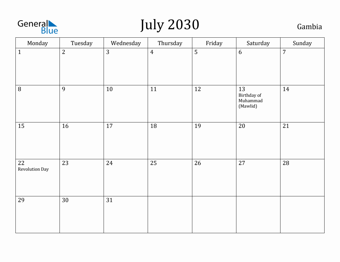 Gambia Monthly Calendar - July 2030 (Monday Start)
