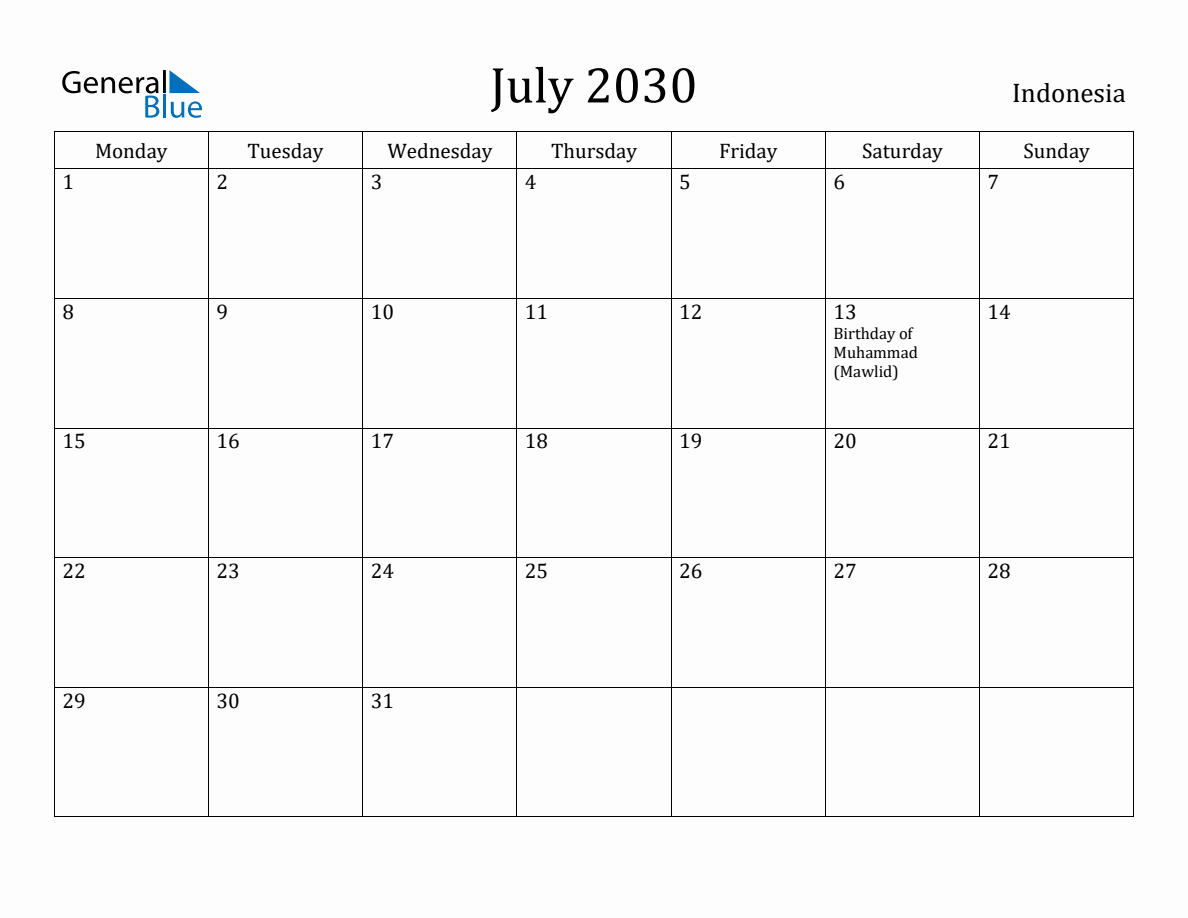 Indonesia Monthly Calendar - July 2030 (Monday Start)