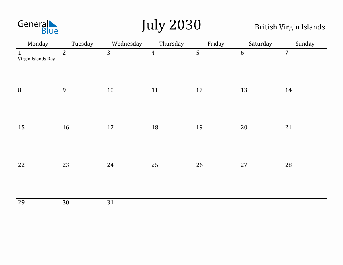 British Virgin Islands Monthly Calendar - July 2030 (Monday Start)