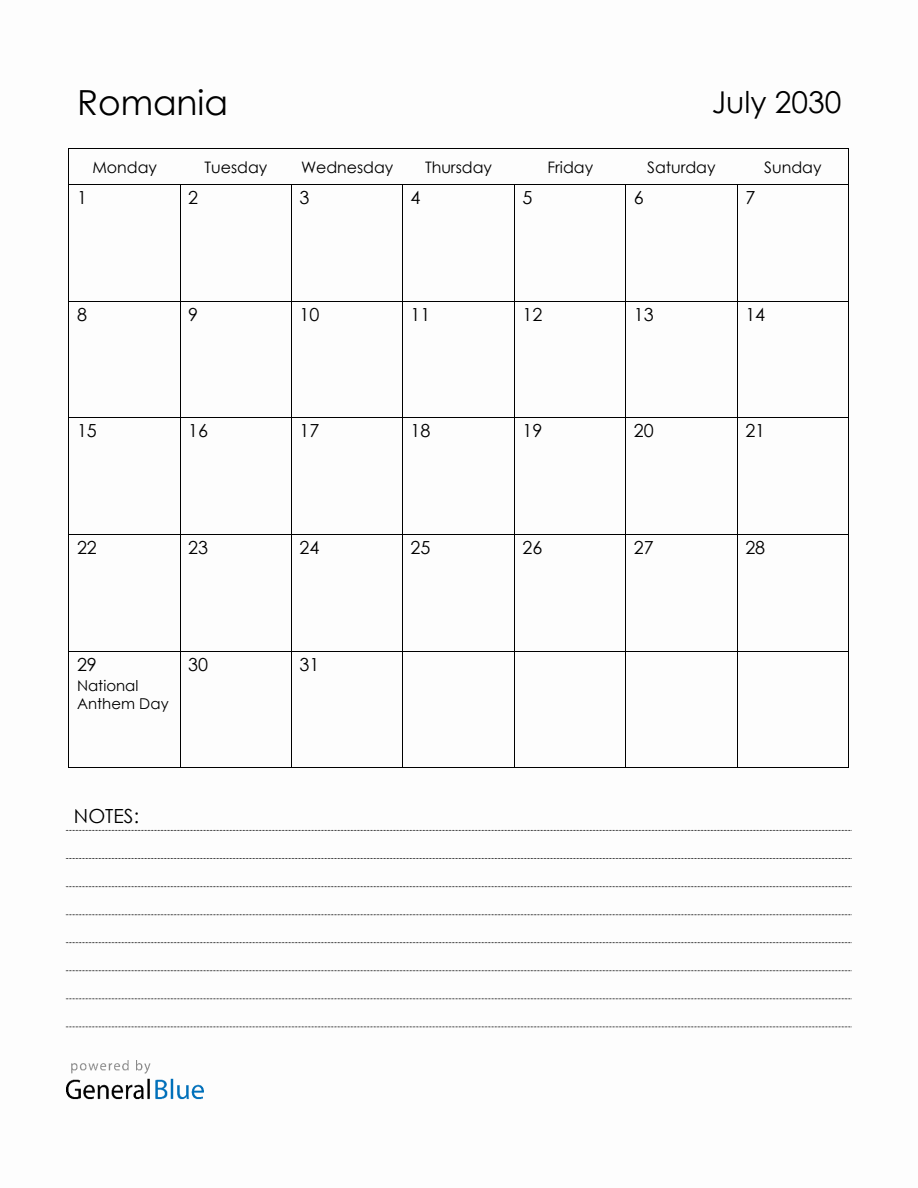July 2030 Romania Calendar with Holidays (Monday Start)