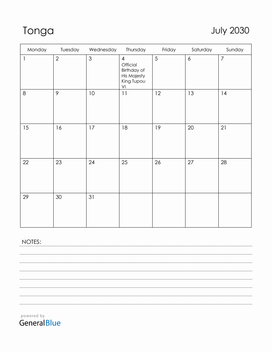 July 2030 Tonga Calendar with Holidays (Monday Start)