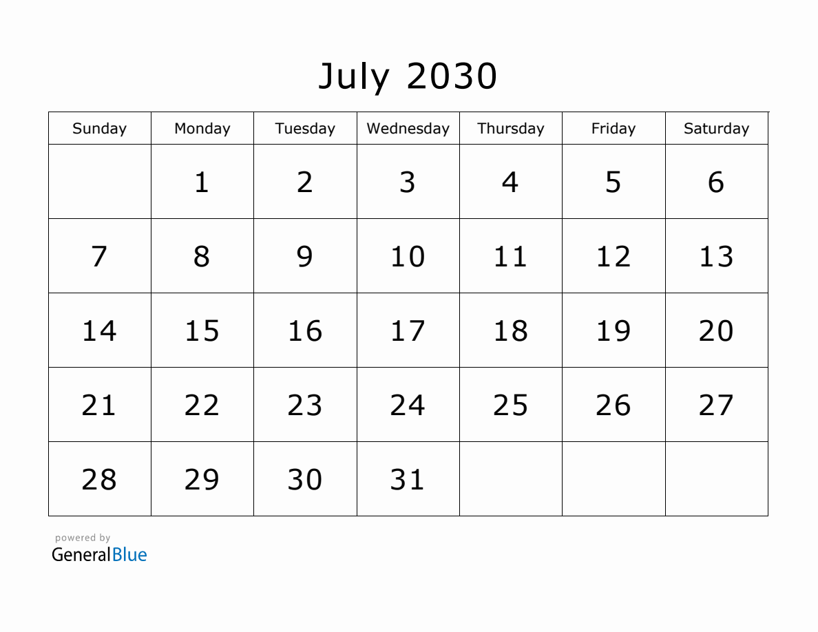 Printable July 2030 Calendar