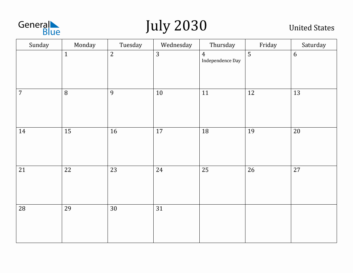 July 2030 Monthly Calendar with United States Holidays