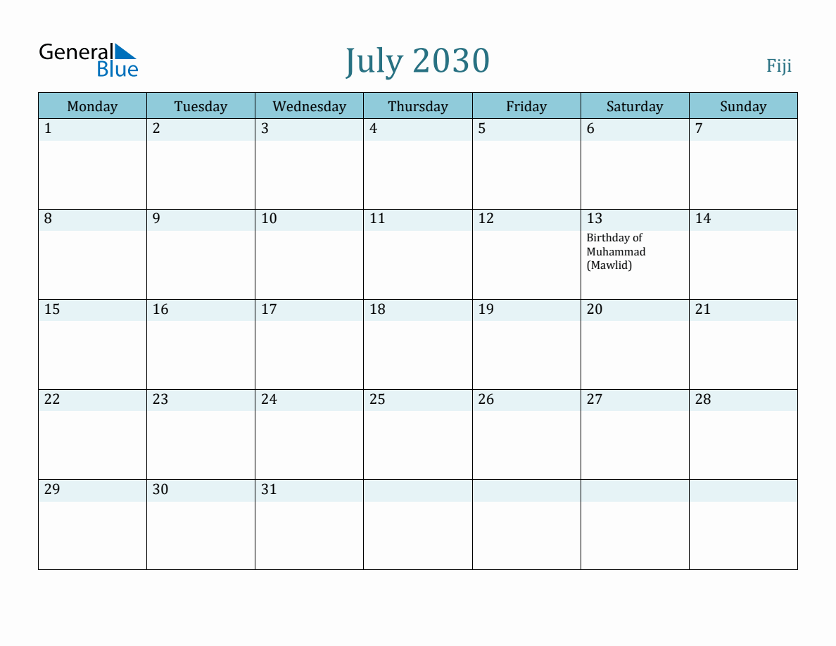 Fiji Holiday Calendar for July 2030 (Monday Start)