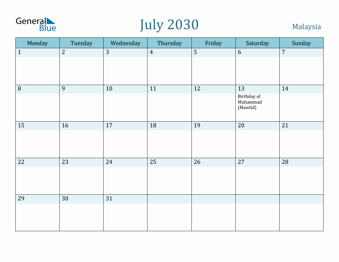 Malaysia Holiday Calendar for July 2030 (Monday Start)