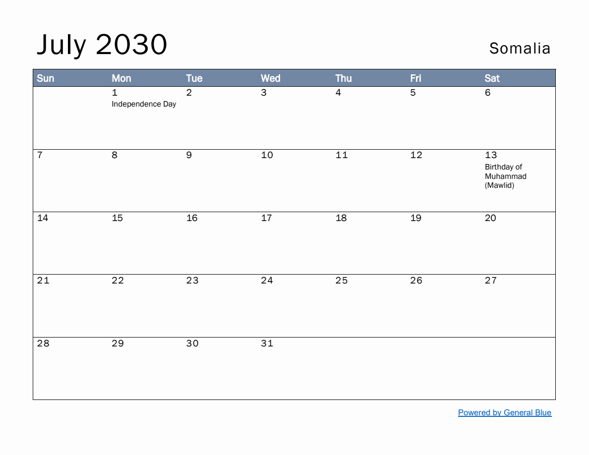 Free Monthly Calendar Template for July 2030 with Somalia Holidays