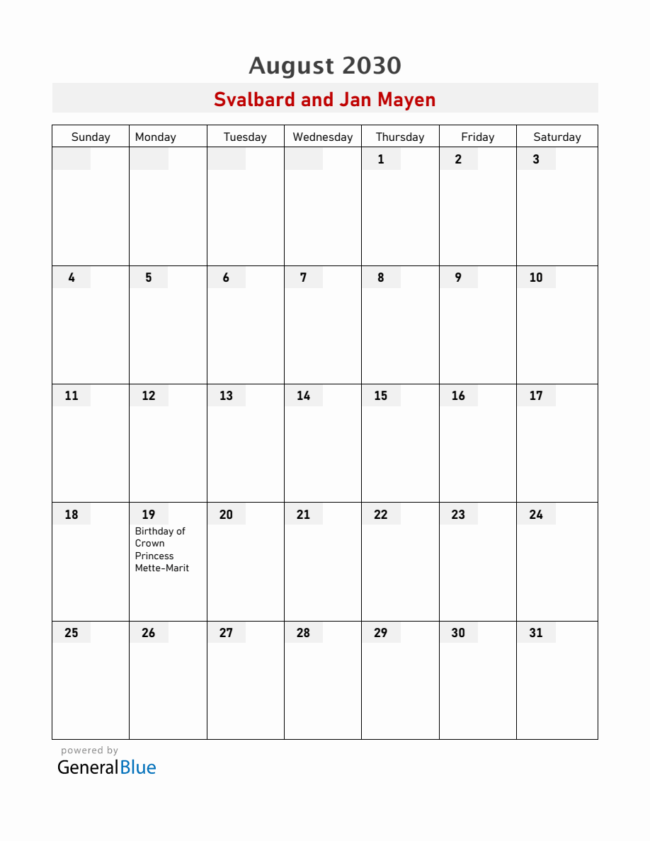 Svalbard and Jan Mayen August 2030 Calendar with Holidays
