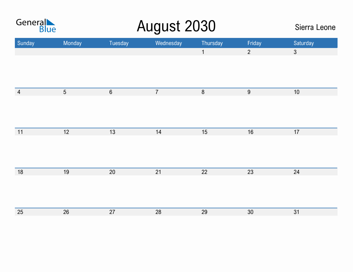 Editable August 2030 Calendar with Sierra Leone Holidays