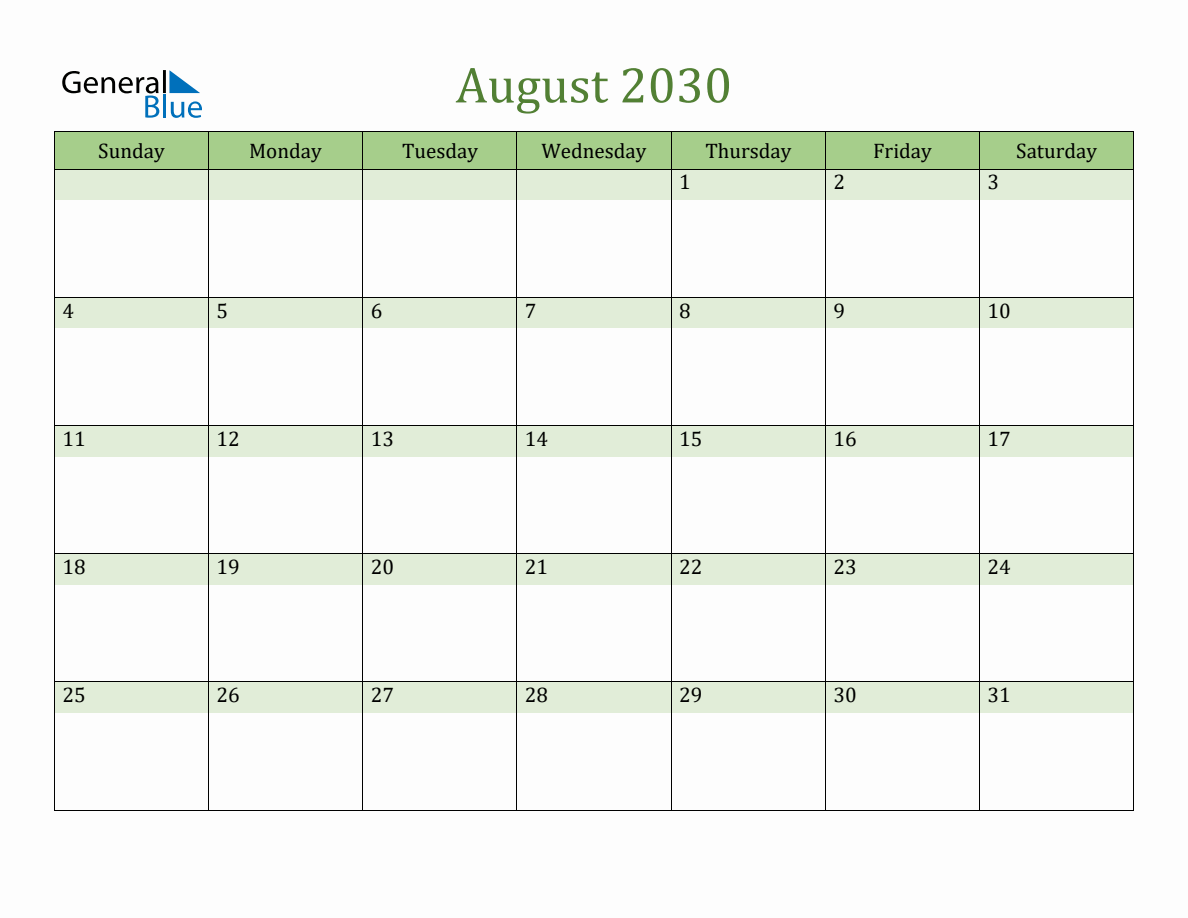 Fillable August 2030 Calendar
