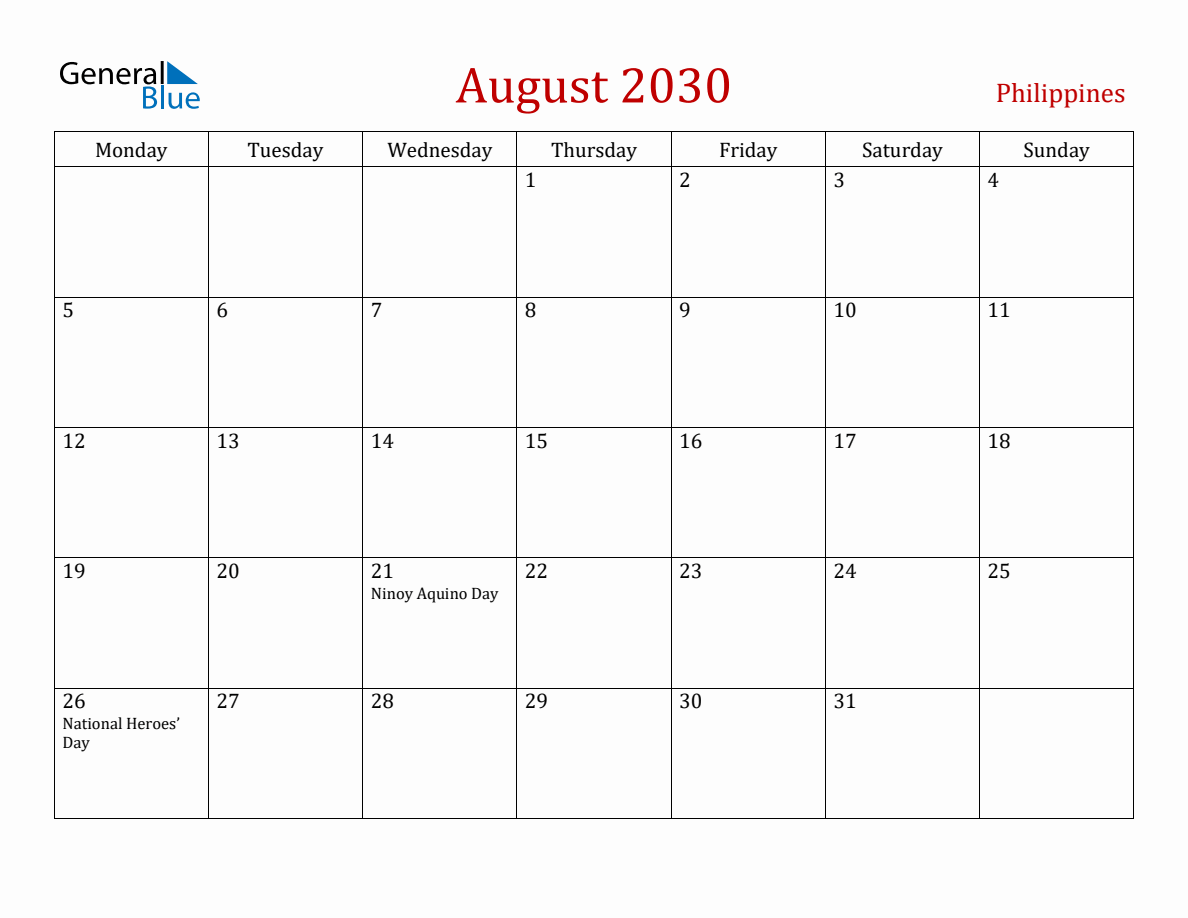 August 2030 Philippines Monthly Calendar with Holidays (Monday Start)