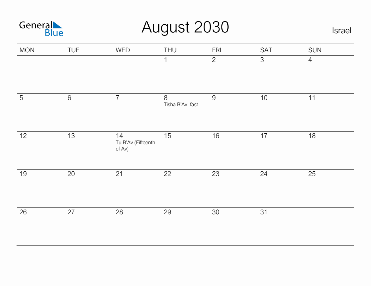 Printable August 2030 Monthly Calendar with Holidays for Israel (Monday ...