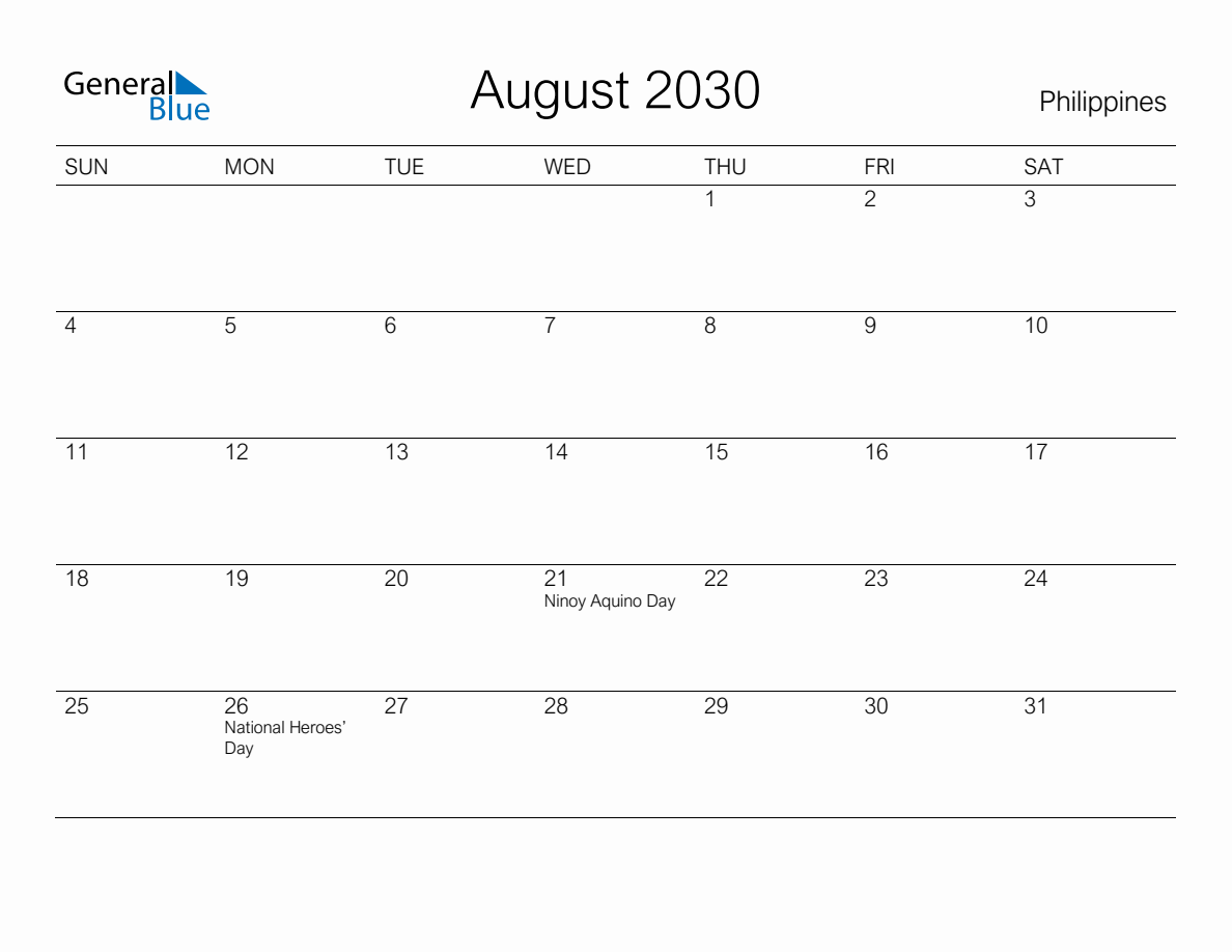 Printable August 2030 Monthly Calendar with Holidays for Philippines