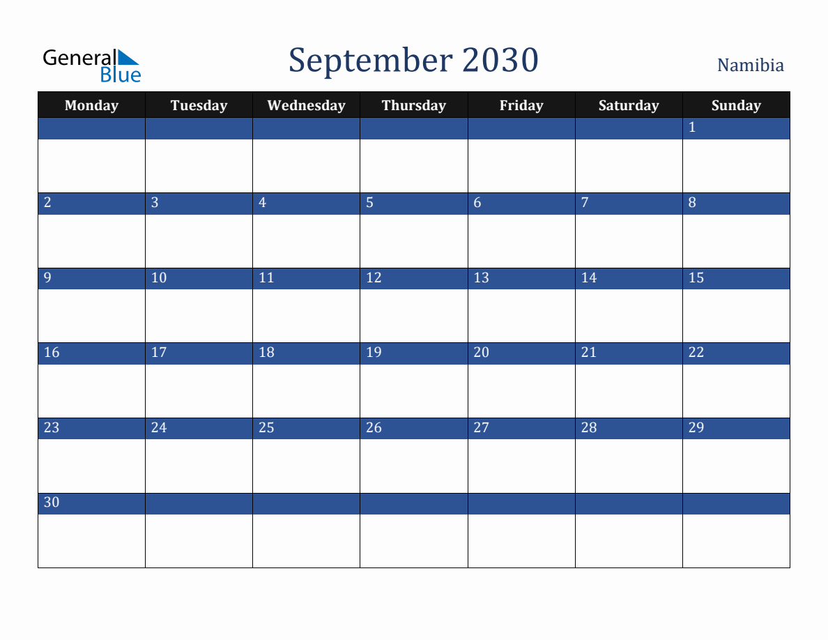 September 2030 Namibia Holiday Calendar (Monday Start)