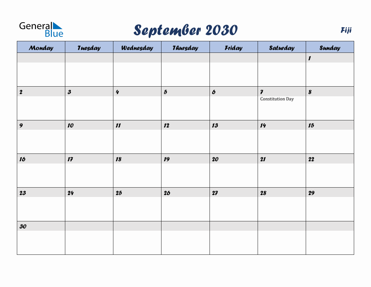 September 2030 Monthly Calendar Template with Holidays for Fiji (Monday ...