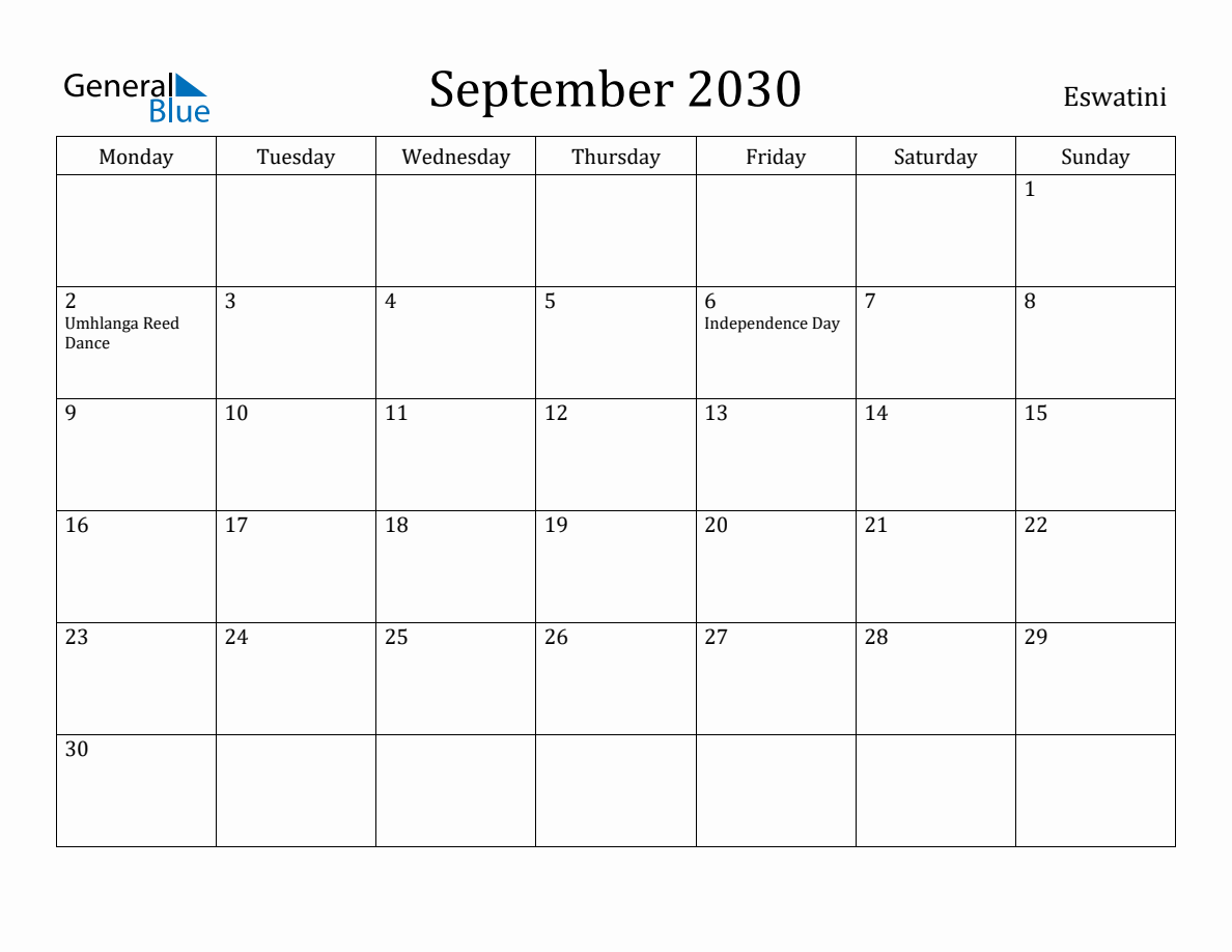 September 2030 Monthly Calendar with Eswatini Holidays (Monday Start)