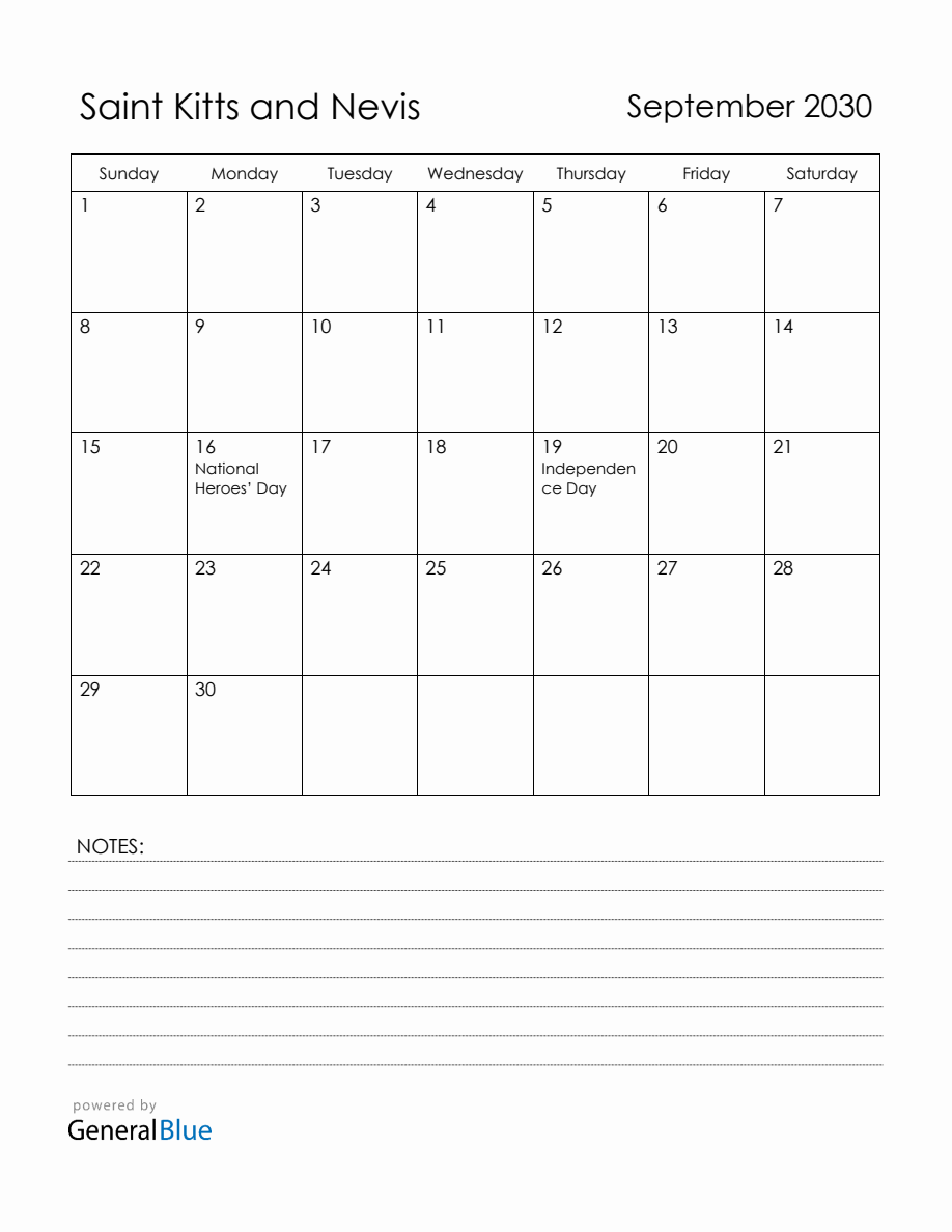 September 2030 Saint Kitts and Nevis Calendar with Holidays