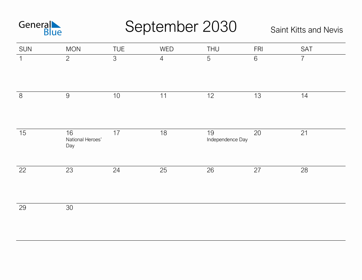 Printable September 2030 Monthly Calendar with Holidays for Saint Kitts ...