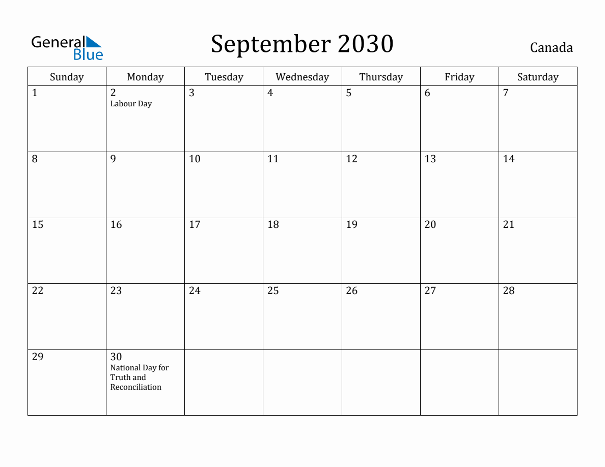 September 2030 Monthly Calendar with Canada Holidays