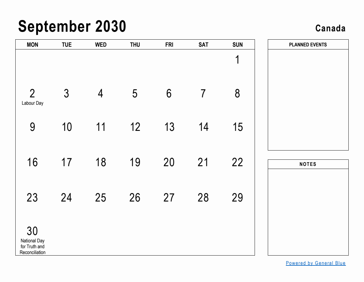 September 2030 Planner with Canada Holidays (Monday Start)