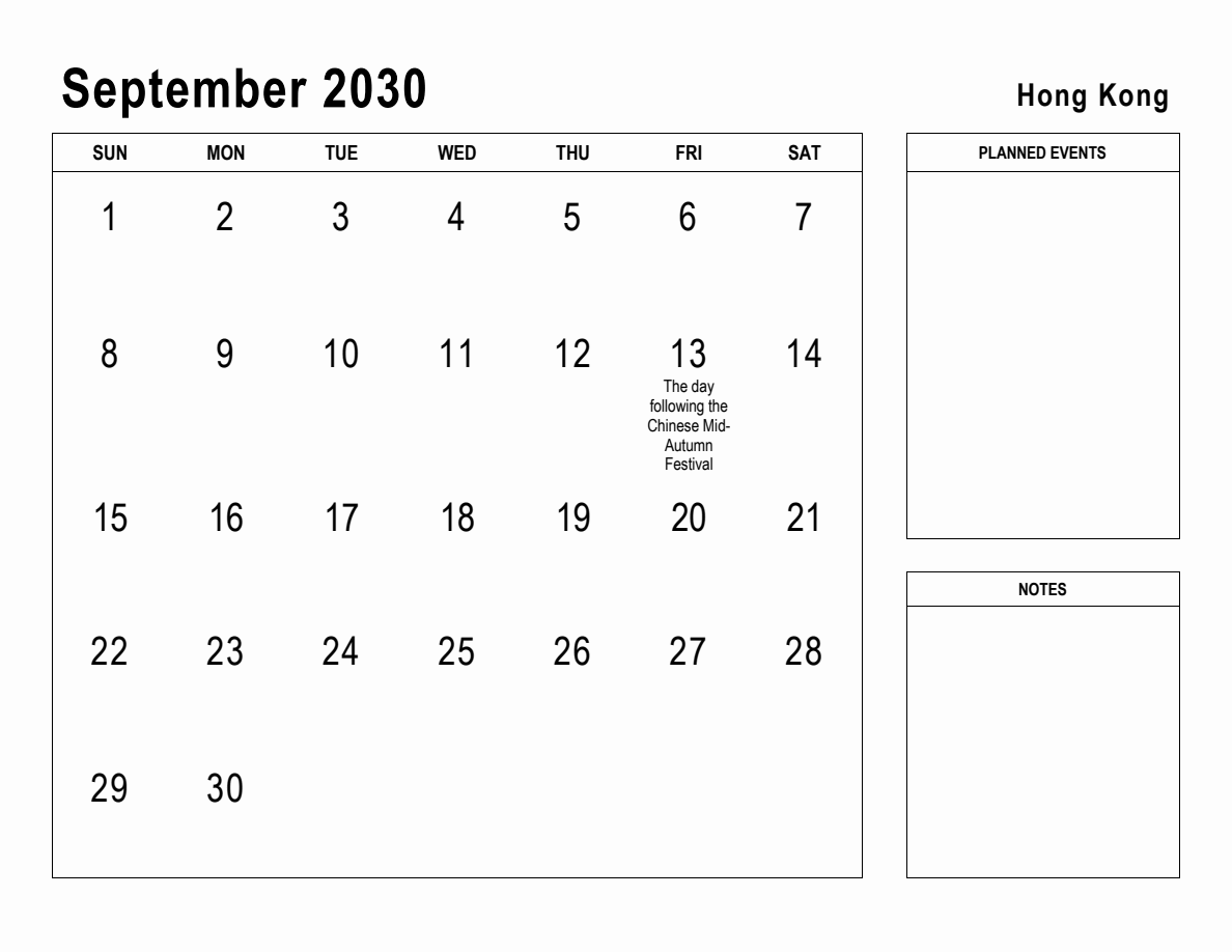 September 2030 Planner with Hong Kong Holidays