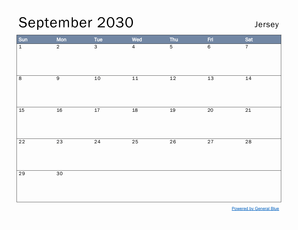 Free Monthly Calendar Template for September 2030 with Jersey Holidays