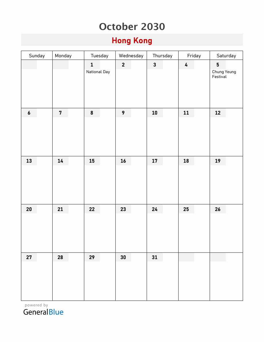 Hong Kong October 2030 Calendar with Holidays