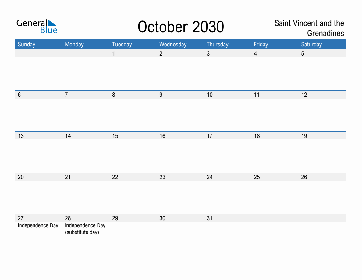 Editable October 2030 Calendar with Saint Vincent and the Grenadines ...