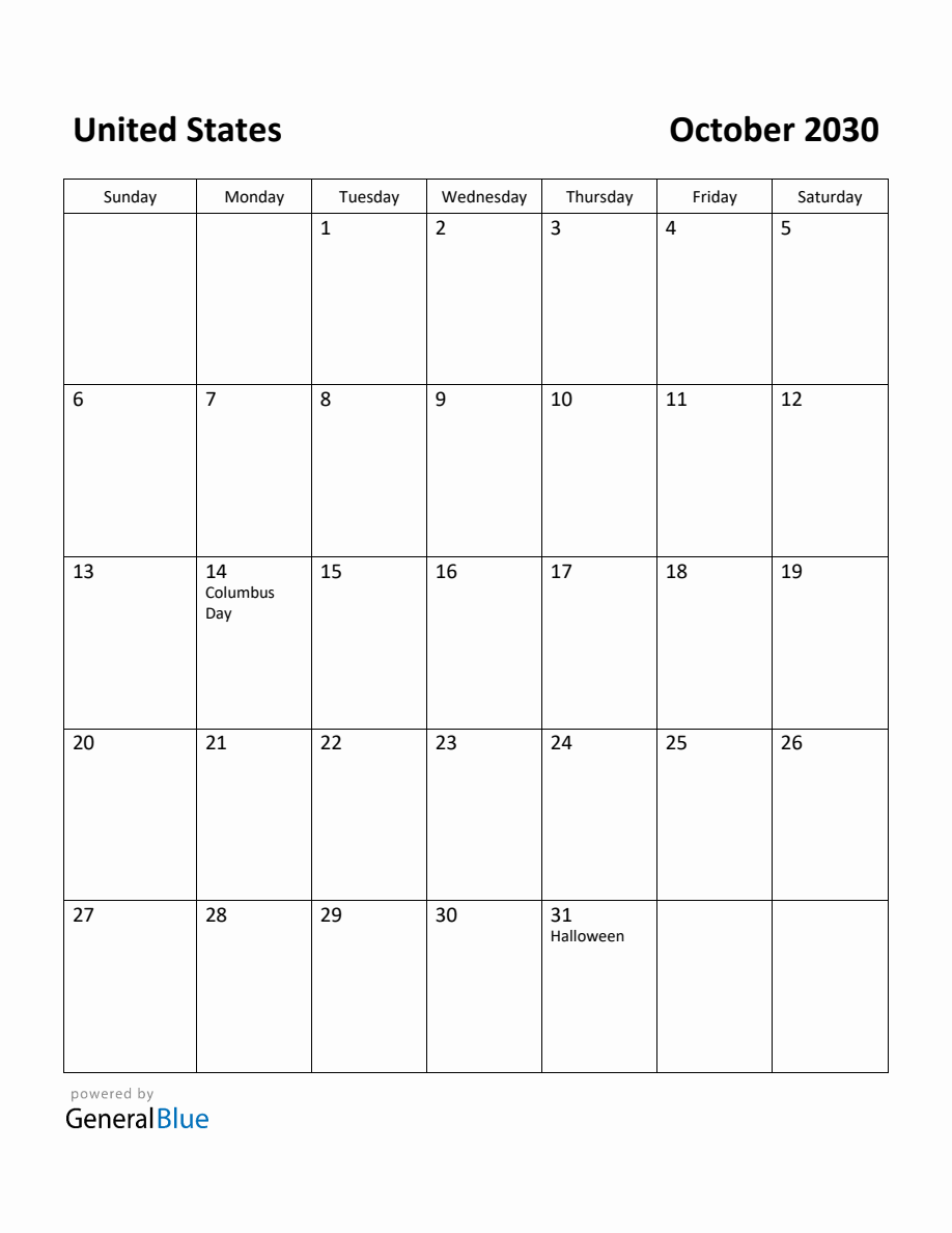 Free Printable October 2030 Calendar for United States