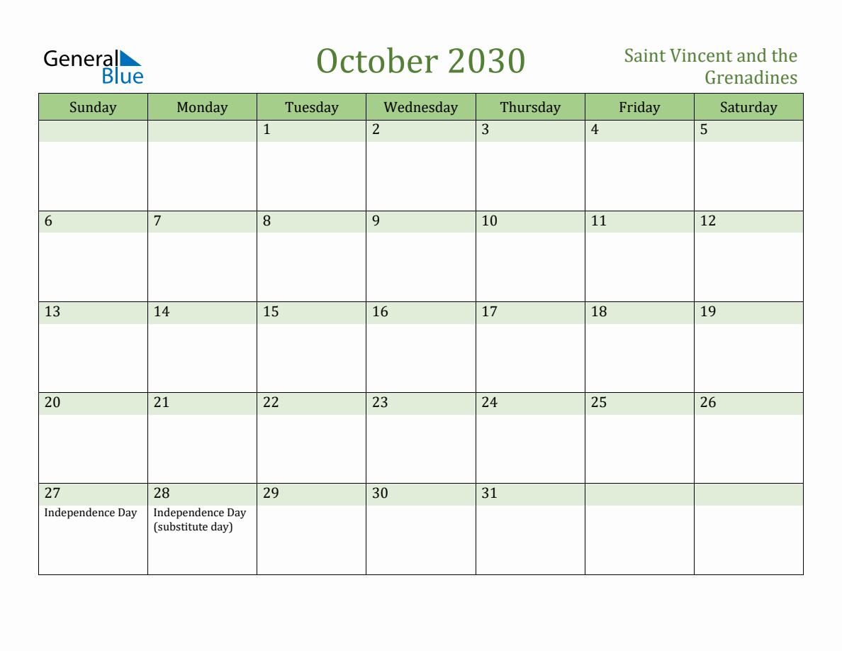 Fillable Holiday Calendar for Saint Vincent and the Grenadines ...