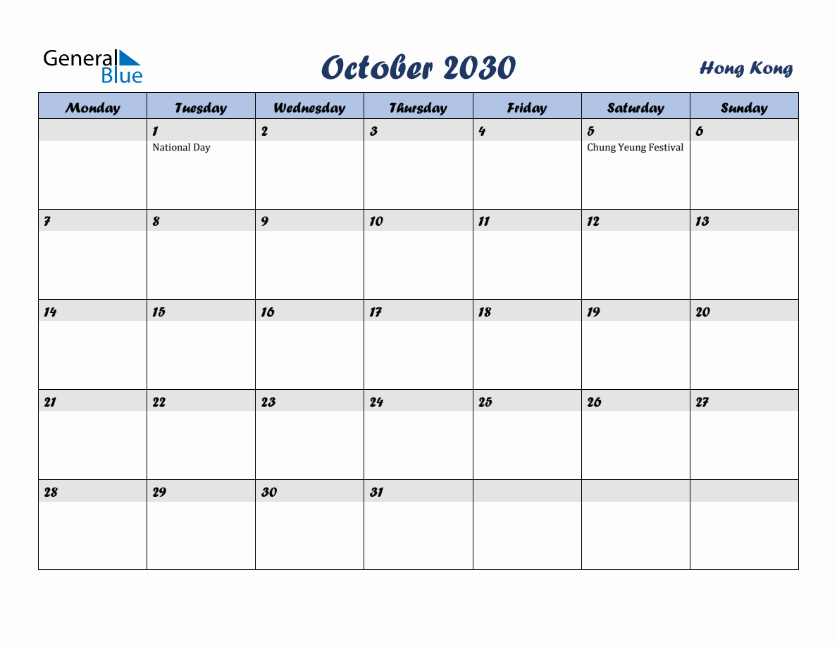 October 2030 Monthly Calendar Template with Holidays for Hong Kong ...
