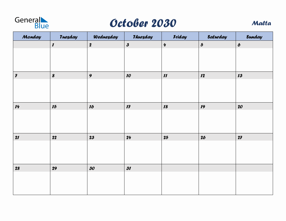 October 2030 Monthly Calendar Template with Holidays for Malta (Monday ...