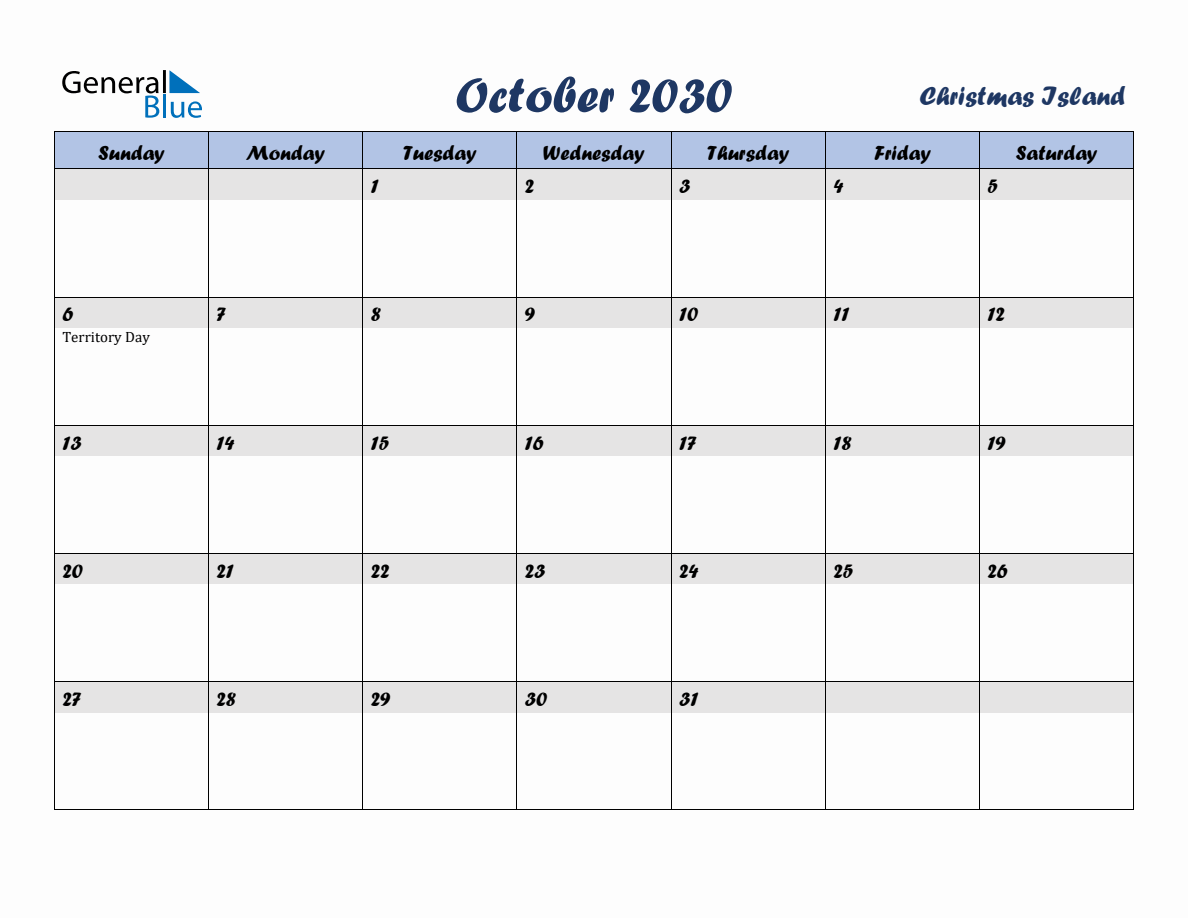 October 2030 Monthly Calendar Template with Holidays for Christmas Island